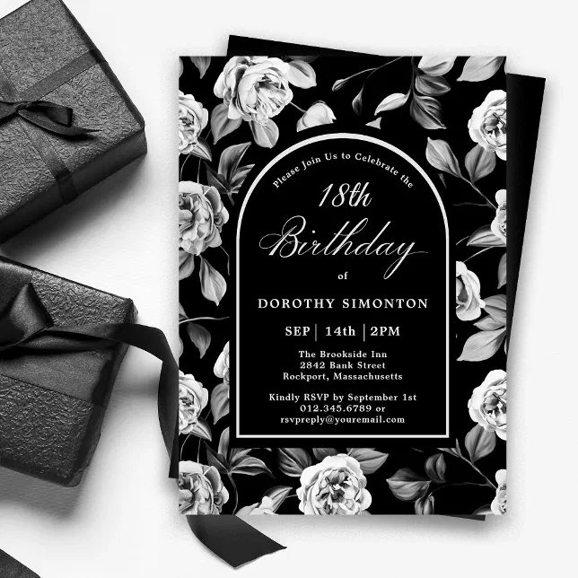 Black White Rose Floral Arch 18th Birthday Invitation | Zazzle