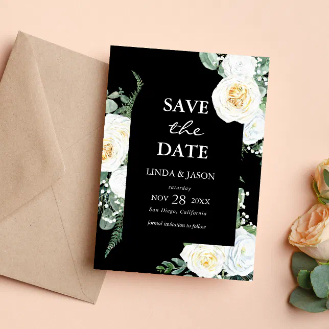 Black White Roses Wedding Save The Date Card | Zazzle