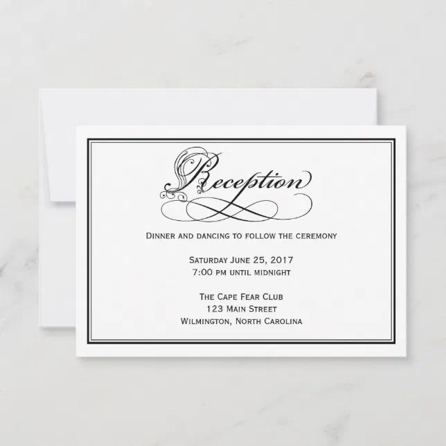 Black & White Royal Script Wedding Reception Card | Zazzle
