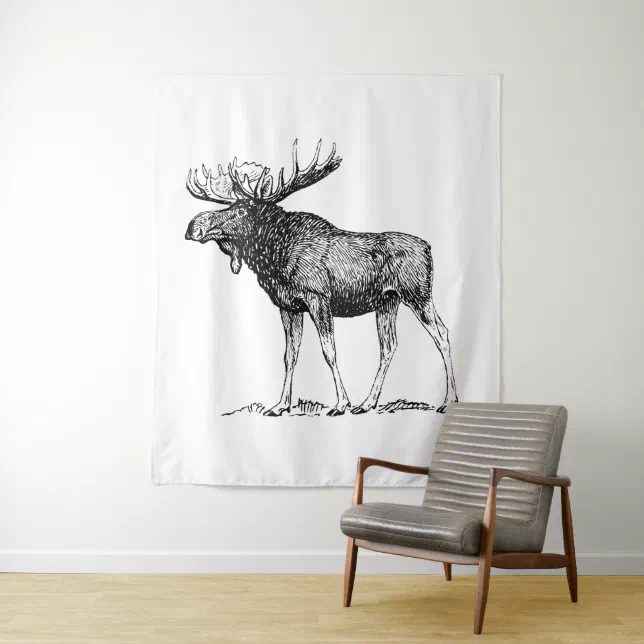 Black & White Rustic Moose Illustration Tapestry | Zazzle