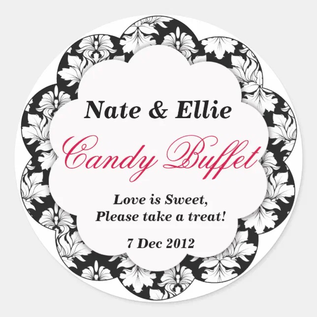 Black & White Scallop Damask Candy Buffet Sticker | Zazzle