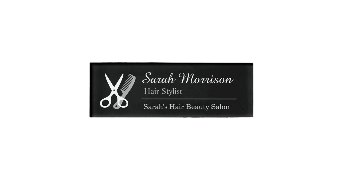 Black White Scissors Hair Stylist Salon Staff Name Tag | Zazzle