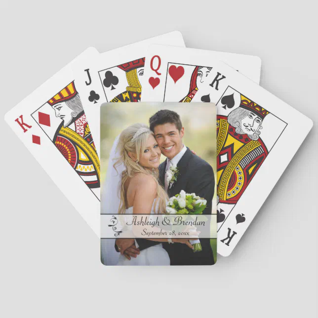 Black, White Scroll Wedding Photo Playing Cards | Zazzle