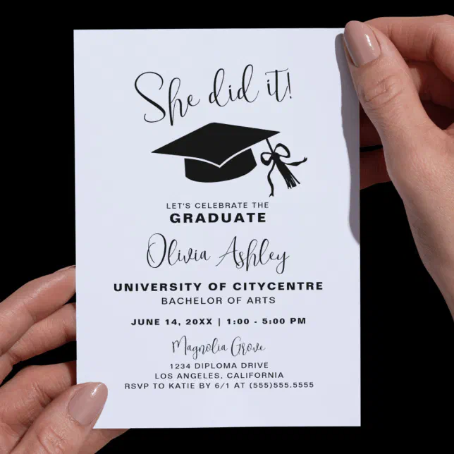 Black White She Did It Graduation Invitation | Zazzle