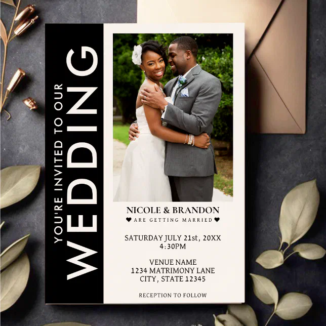 Black & White Side Stripe Photo Wedding Invitation | Zazzle