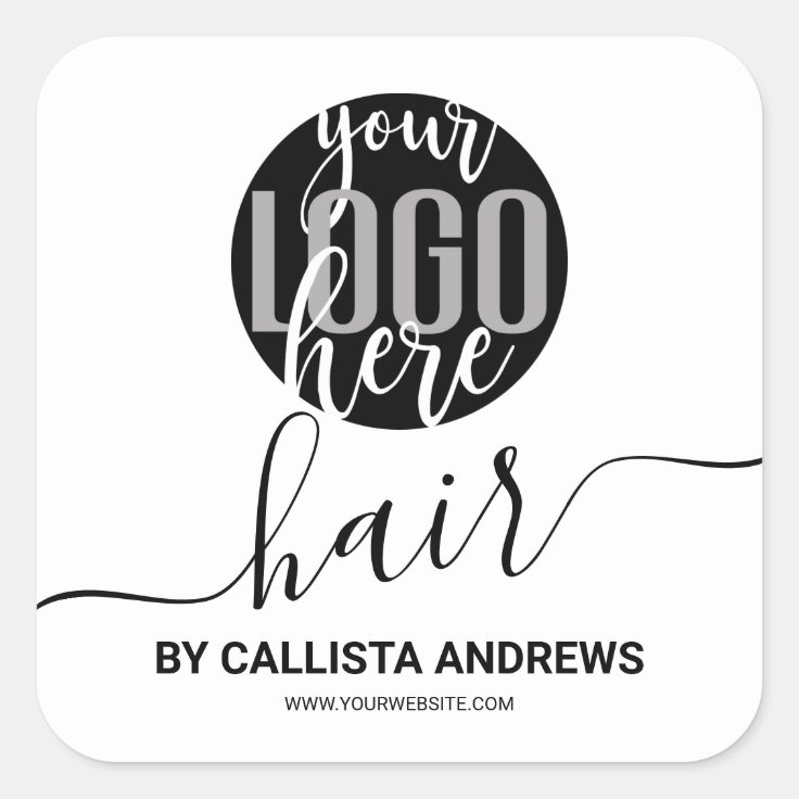 Black White Signature Typography Hair Logo Square Sticker | Zazzle