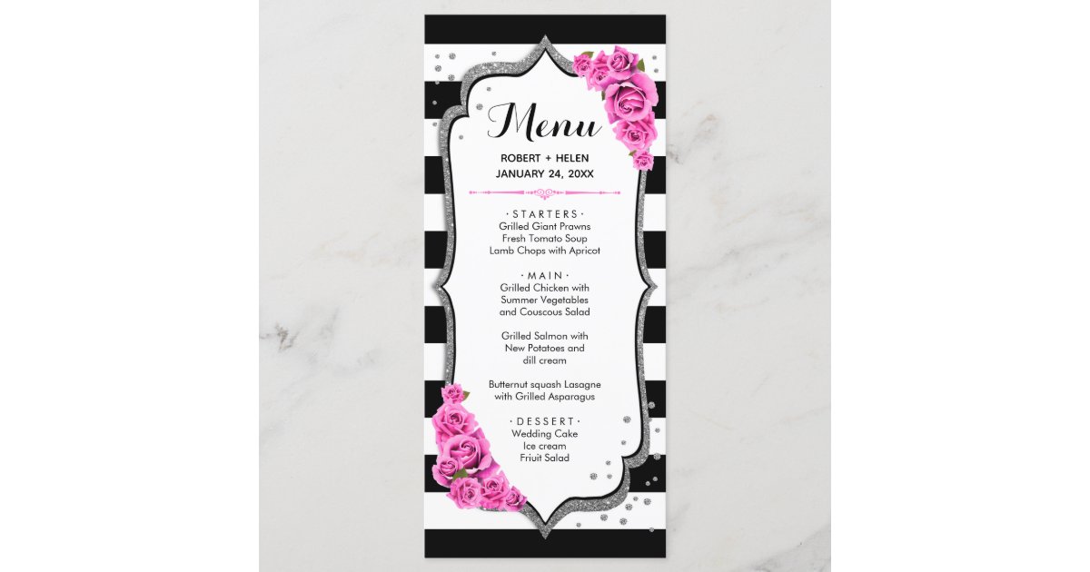 Black White Silver Pink Menu Card | Zazzle