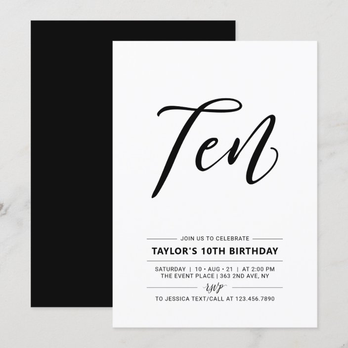Black & White Simple 10th Teen Birthday Party Invi Invitation | Zazzle.com