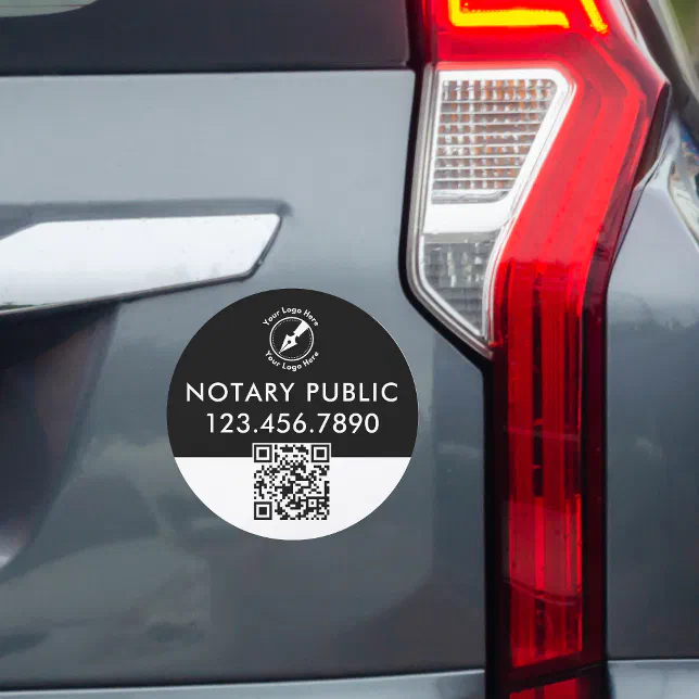 Black & White Simple Add Logo QR Notary Circle Car Magnet | Zazzle