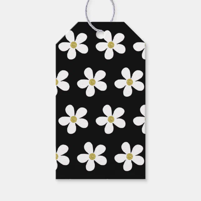 Black White Simple Daisy Gold Pattern Gift Tags | Zazzle