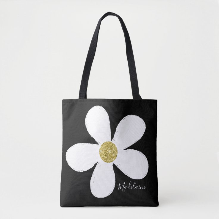 Black White Simple Daisy Gold Personal Tote Bag | Zazzle