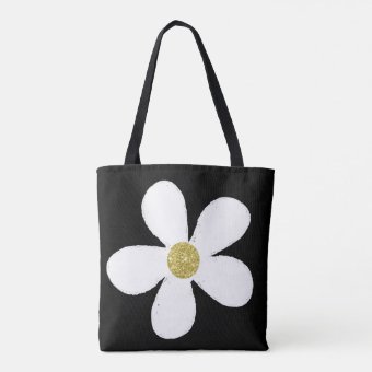 Black White Simple Daisy Gold Personal Tote Bag | Zazzle
