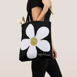 Black White Simple Daisy Gold Personal Tote Bag | Zazzle