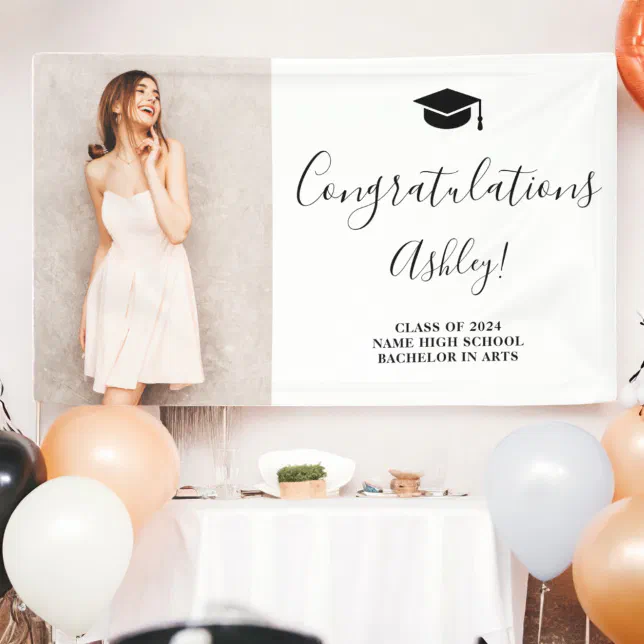 Black white simple elegant graduation congrats banner | Zazzle