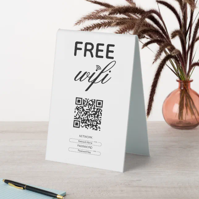 Black White Simple Free Wi-Fi QR Code Place Table Tent | Zazzle