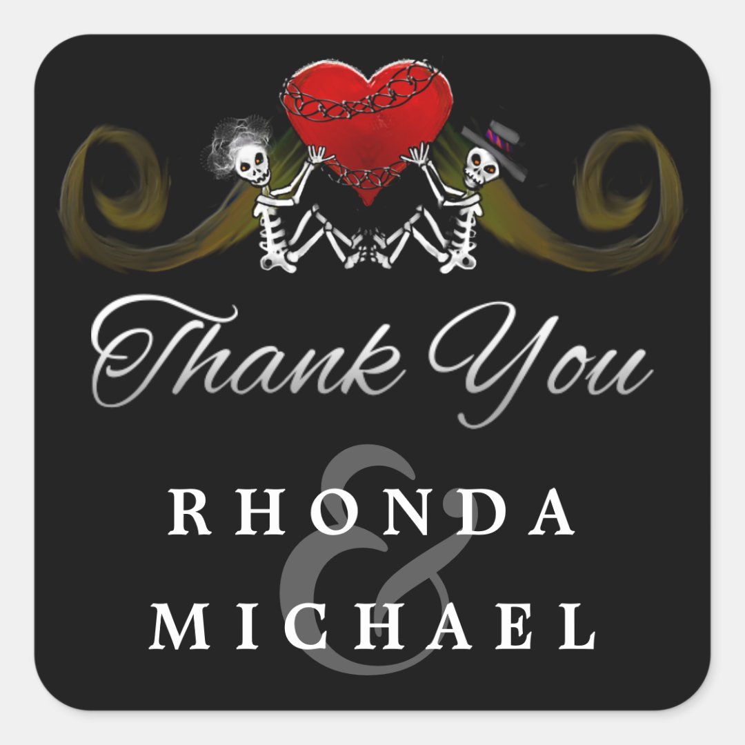 Black White Skeletons Heart Thank You Label | Zazzle