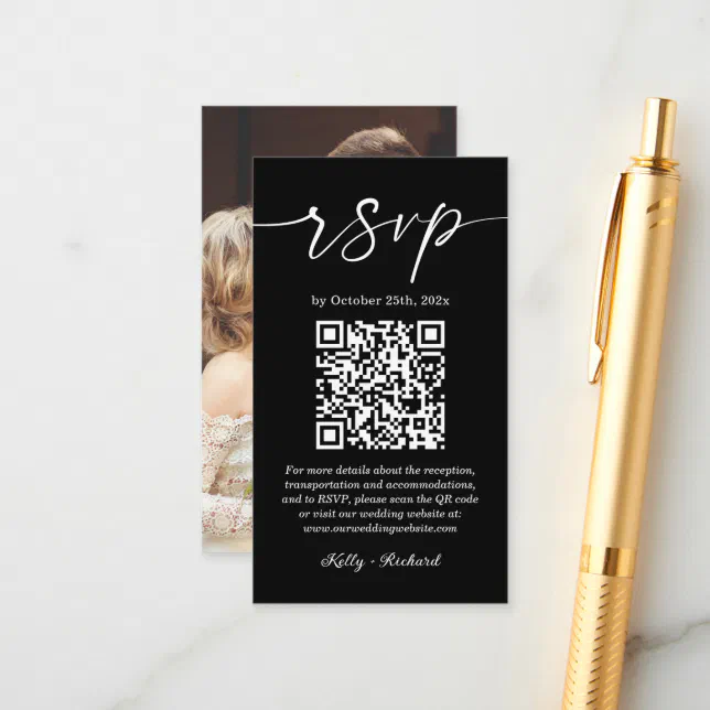Black White Small Vertical Wedding RSVP QR Code Enclosure Card | Zazzle