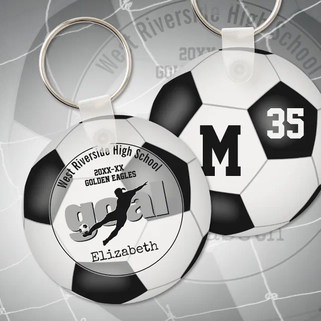 black white soccer ball goal girls' team spirit keychain | Zazzle