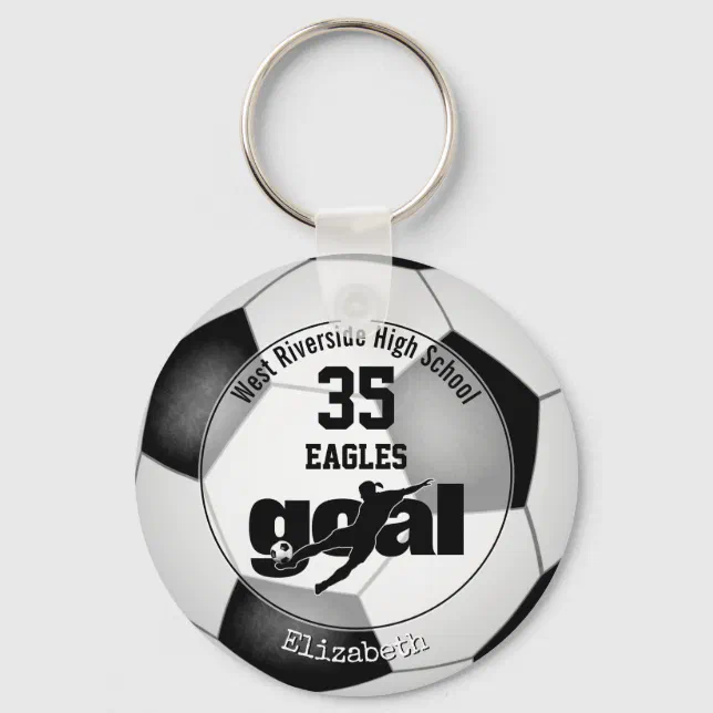 black white soccer ball goal girls' team spirit keychain | Zazzle