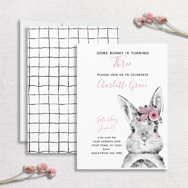 Black & White Some Bunny is Turning Three Birthday Invitation | Zazzle
