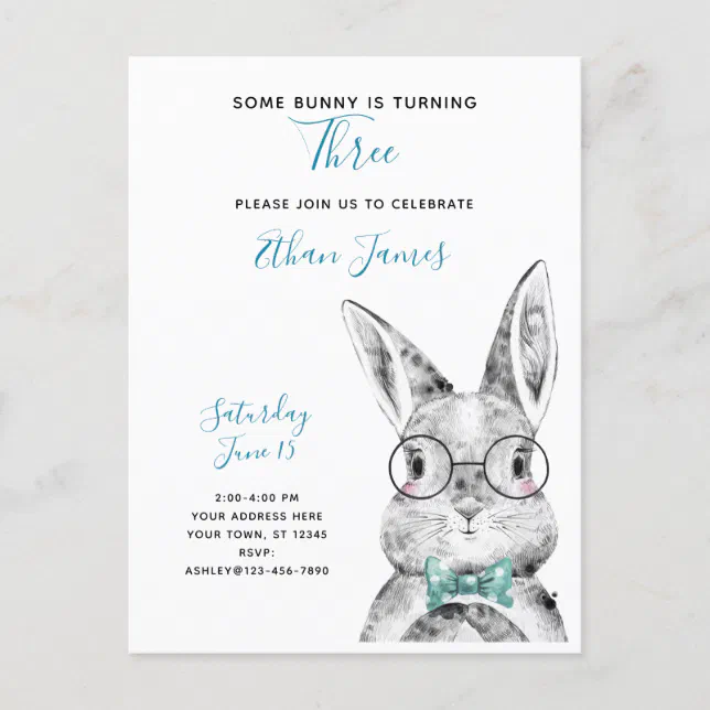 Black & White Some Bunny is Turning Three Birthday Invitation Postcard ...