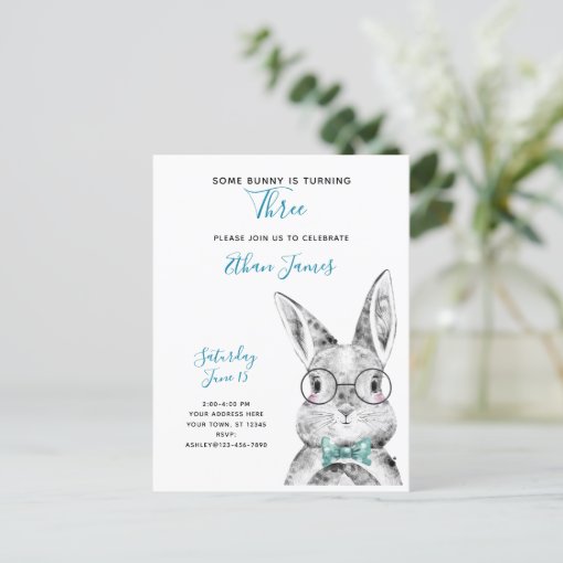 Black & White Some Bunny is Turning Three Birthday Invitation Postcard ...