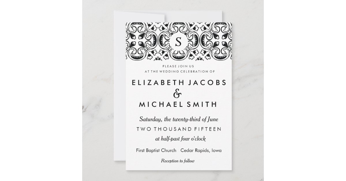 Black & White Spanish Tile Wedding Invitation | Zazzle