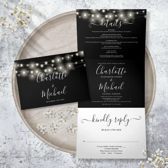 Black White String Lights Script Monogram Wedding Tri-Fold Invitation ...