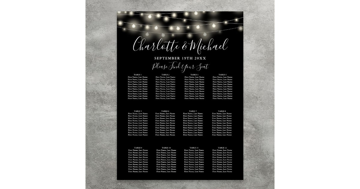 Black White String Lights Wedding Seating Chart | Zazzle