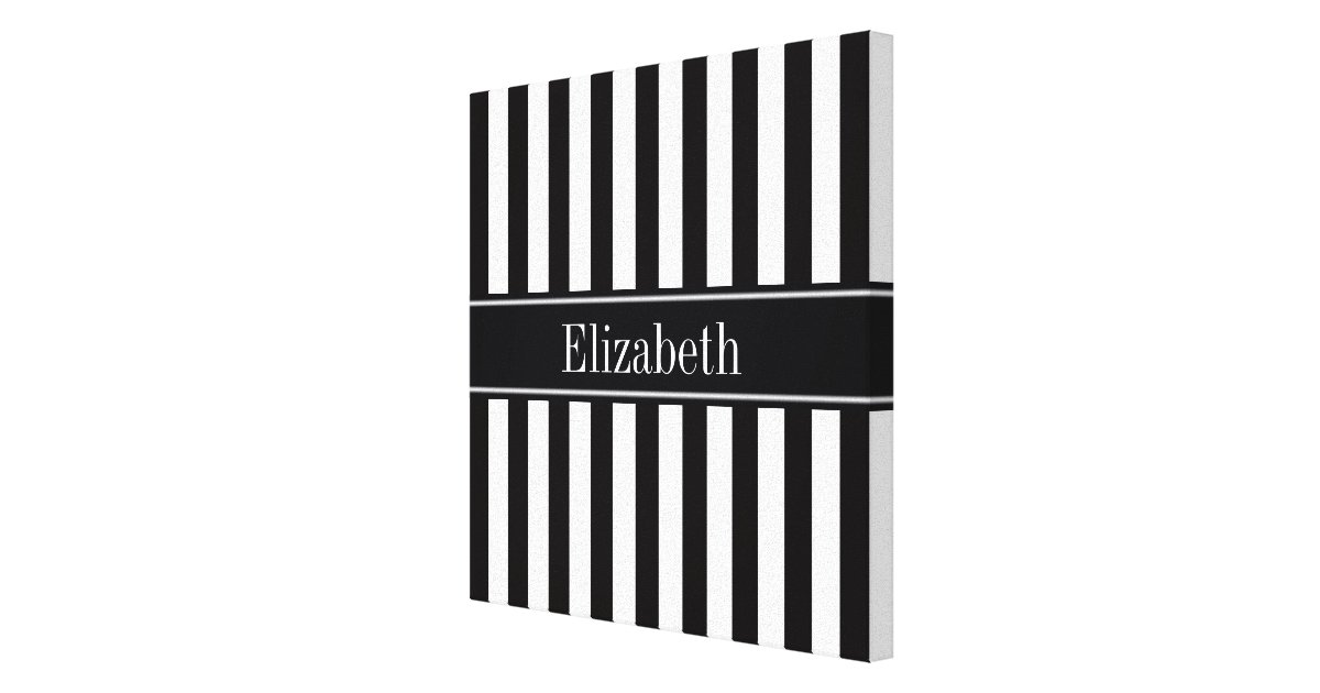 Black White Stripe Black Name Monogram Canvas Print | Zazzle