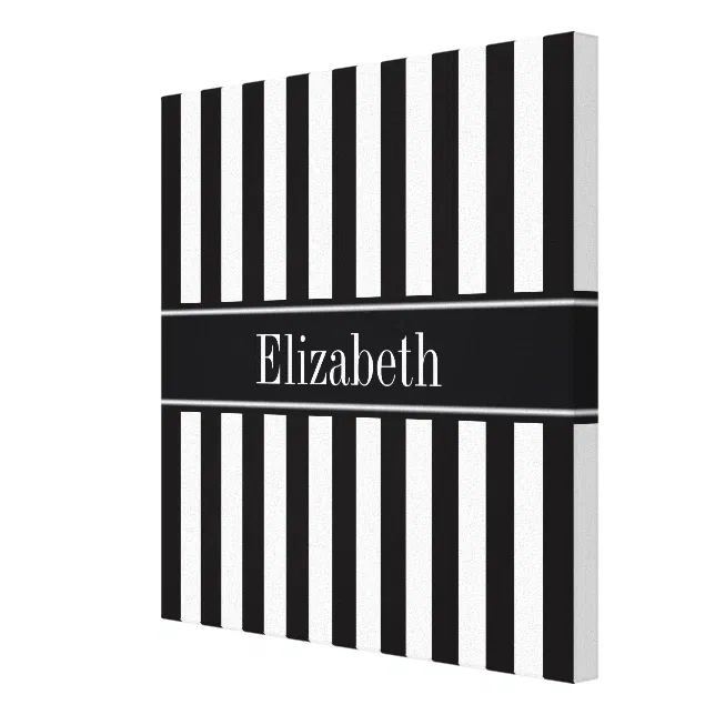 Black White Stripe Black Name Monogram Canvas Print | Zazzle