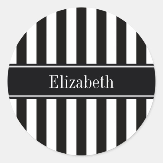 Black White Stripe Black Name Monogram Classic Round Sticker | Zazzle.com