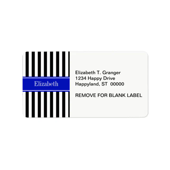 Black White Stripe Royal Blue Ribbon Name Monogram Label | Zazzle