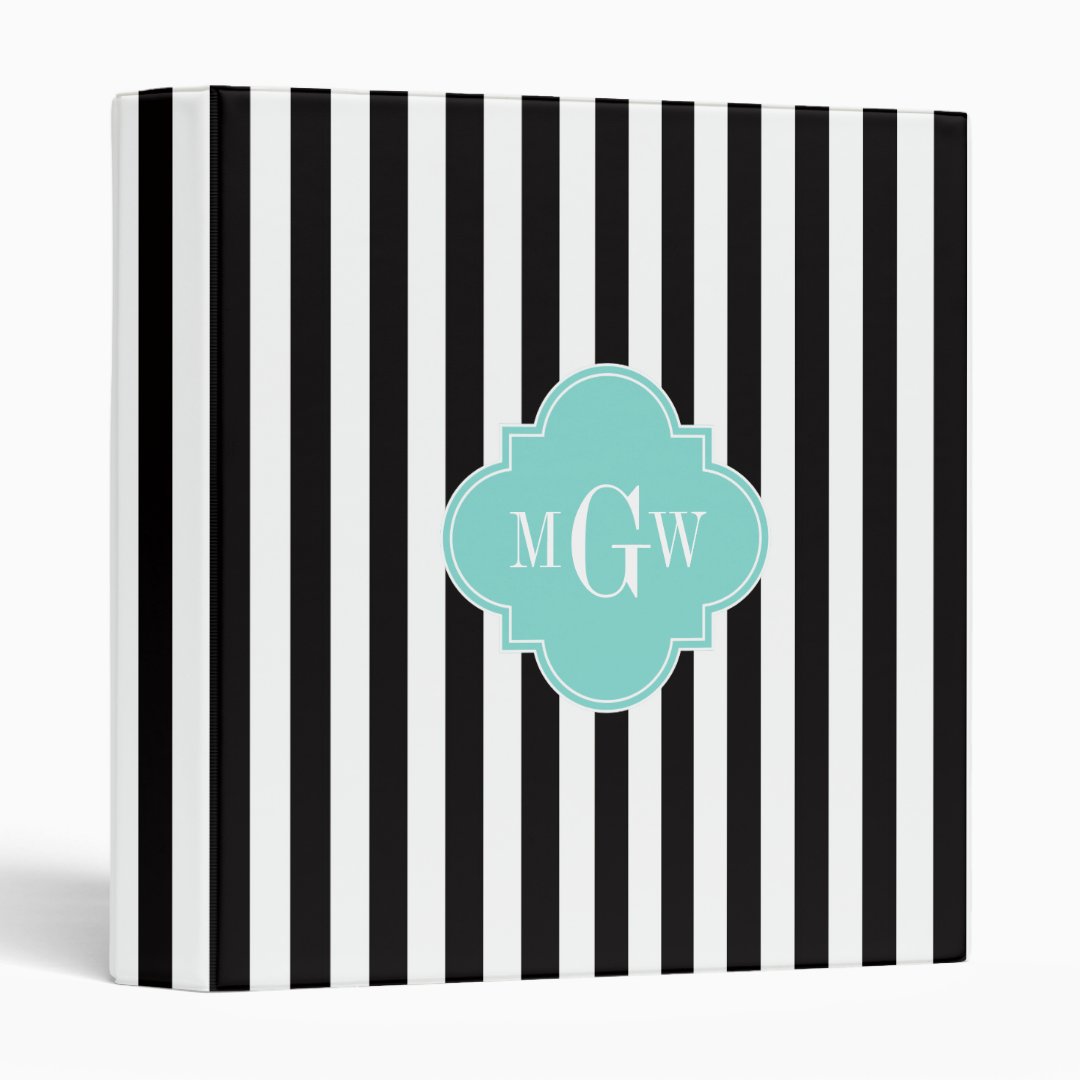Black White Stripe Turquoise Quatrefoil 3 Monogram Binder | Zazzle