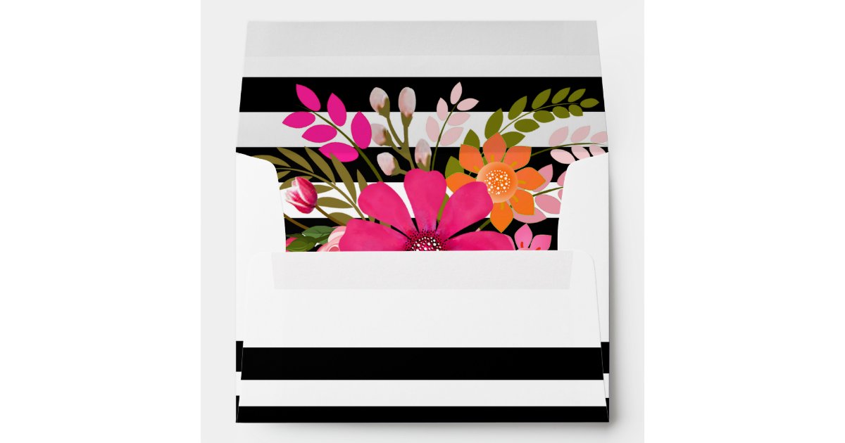 Black & White Striped Folklore Flowers | fuchsia Envelope | Zazzle