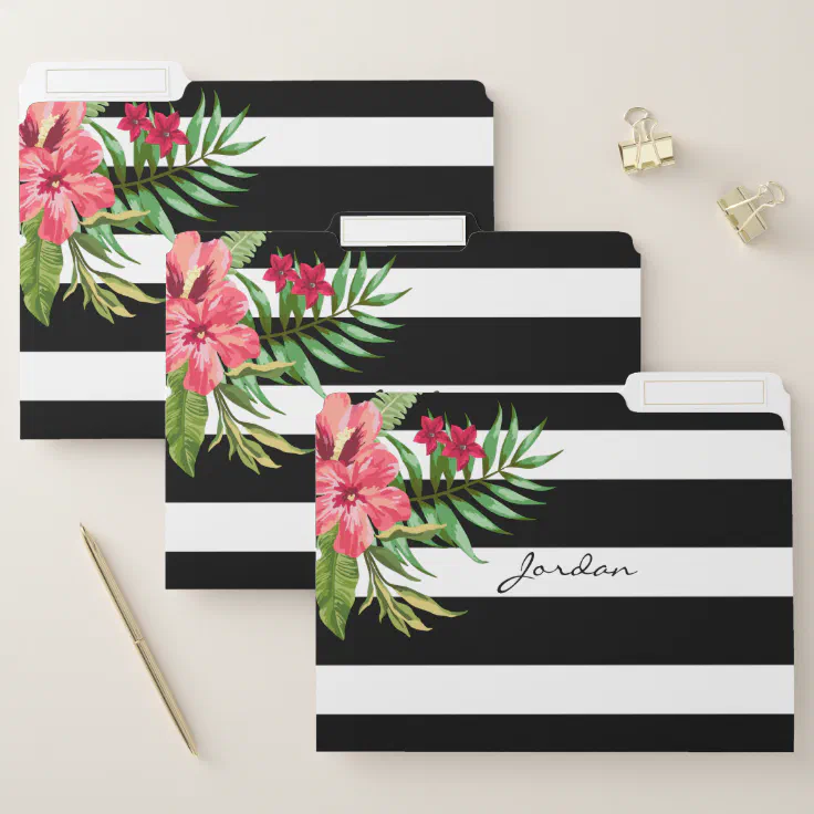 Black White Stripes And Flowers File Folder | Zazzle