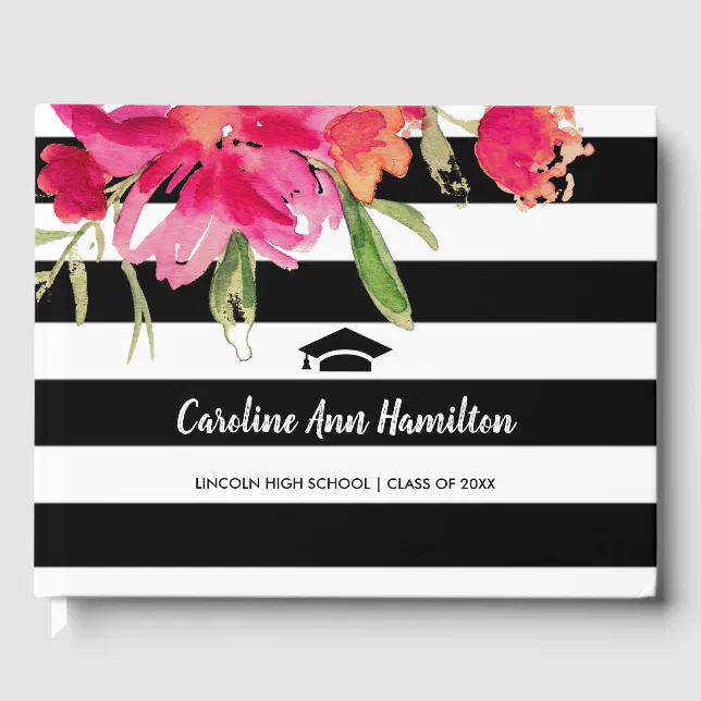 Black & White Stripes Floral Graduation Guest Book | Zazzle