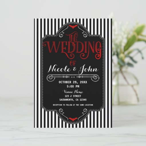 Black White Stripes Red Gothic Bat Wedding Invitation | Zazzle