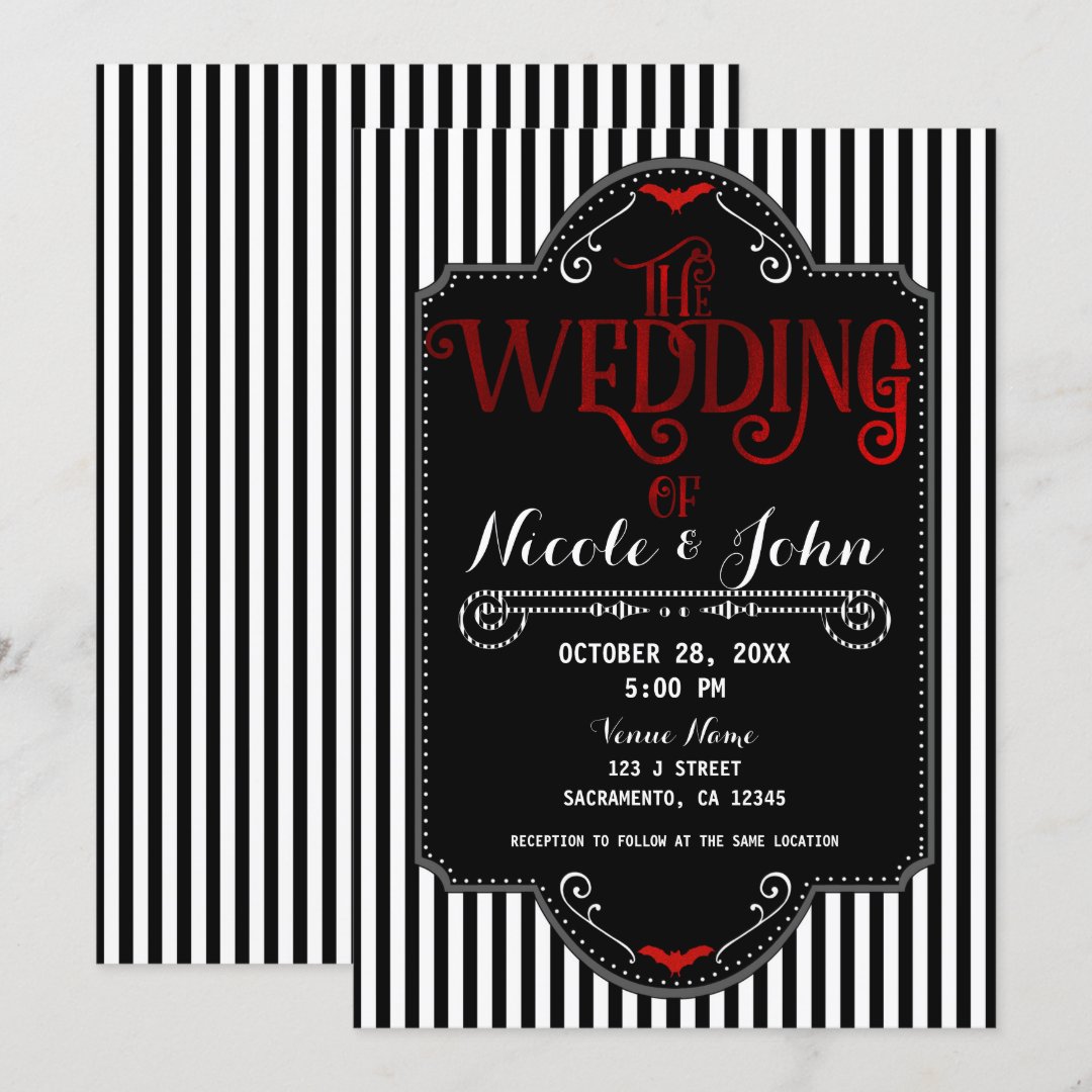 Black White Stripes Red Gothic Bat Wedding Invitation | Zazzle