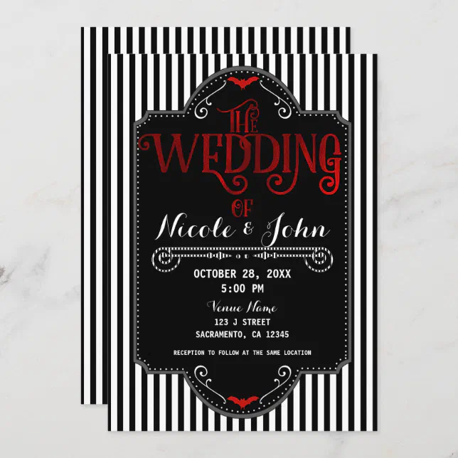 Black White Stripes Red Gothic Bat Wedding Invitation | Zazzle