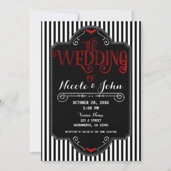 Black White Stripes Red Gothic Bat Wedding Invitation | Zazzle
