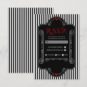 Black White Stripes Red Gothic Bat Wedding RSVP | Zazzle