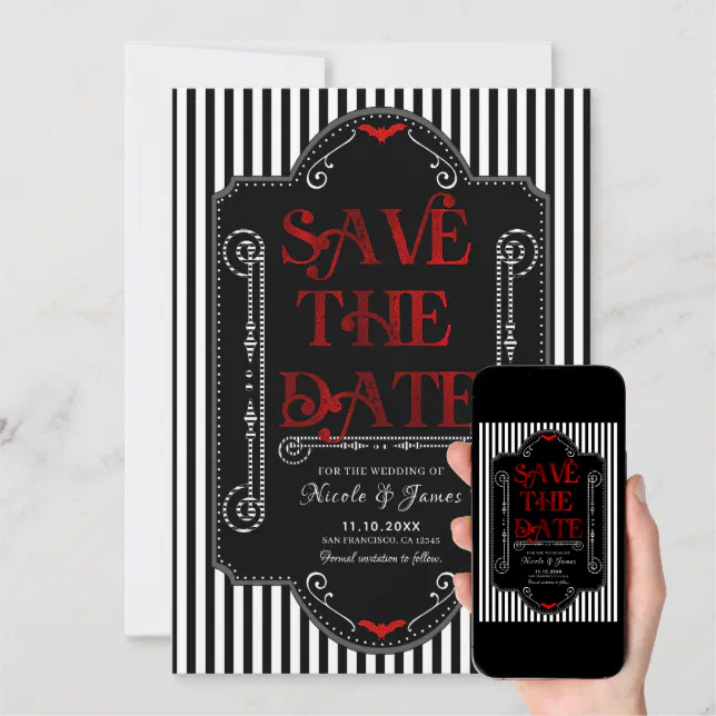 Black White Stripes Red Gothic Bat Wedding Save The Date | Zazzle
