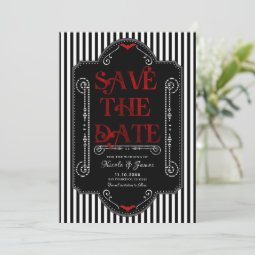 Black White Stripes Red Gothic Bat Wedding Save The Date | Zazzle