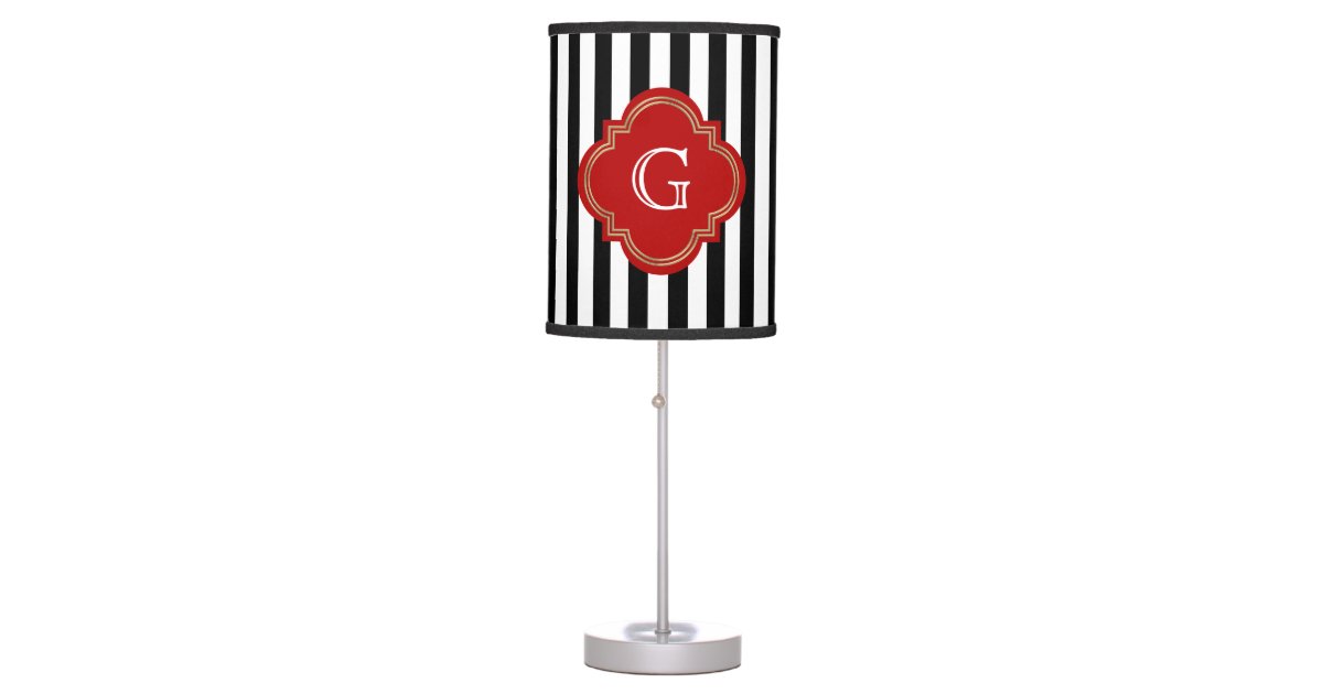 Black White Stripes, Red Label Monogram Table Lamp | Zazzle