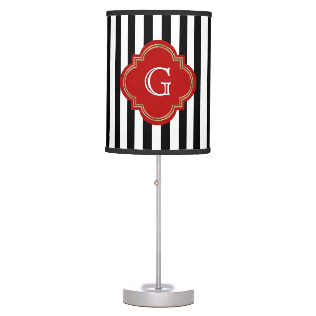 Black White Stripes, Red Label Monogram Table Lamp | Zazzle
