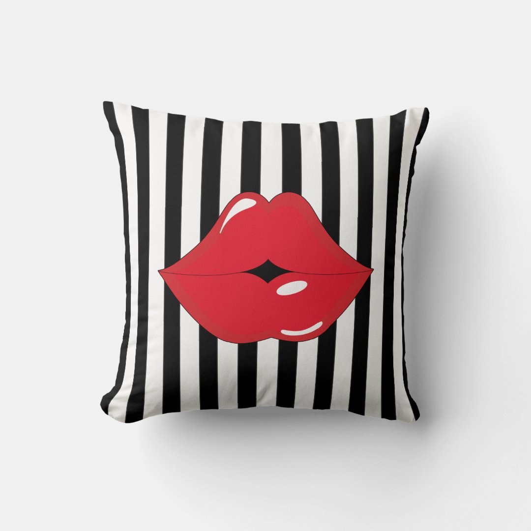 Black & White Stripes Red Lips Throw Pillow | Zazzle