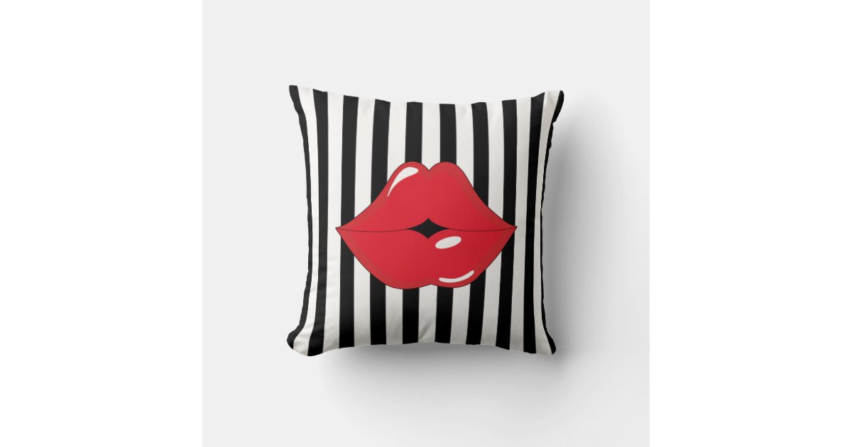 Black & White Stripes Red Lips Throw Pillow | Zazzle