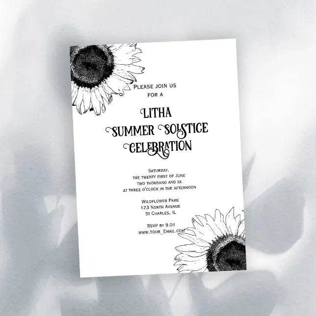 Black White Sunflowers Litha Summer Solstice Party Invitation | Zazzle