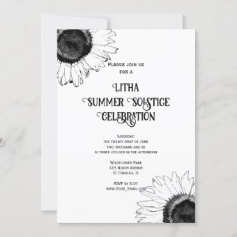Black White Sunflowers Litha Summer Solstice Party Invitation | Zazzle